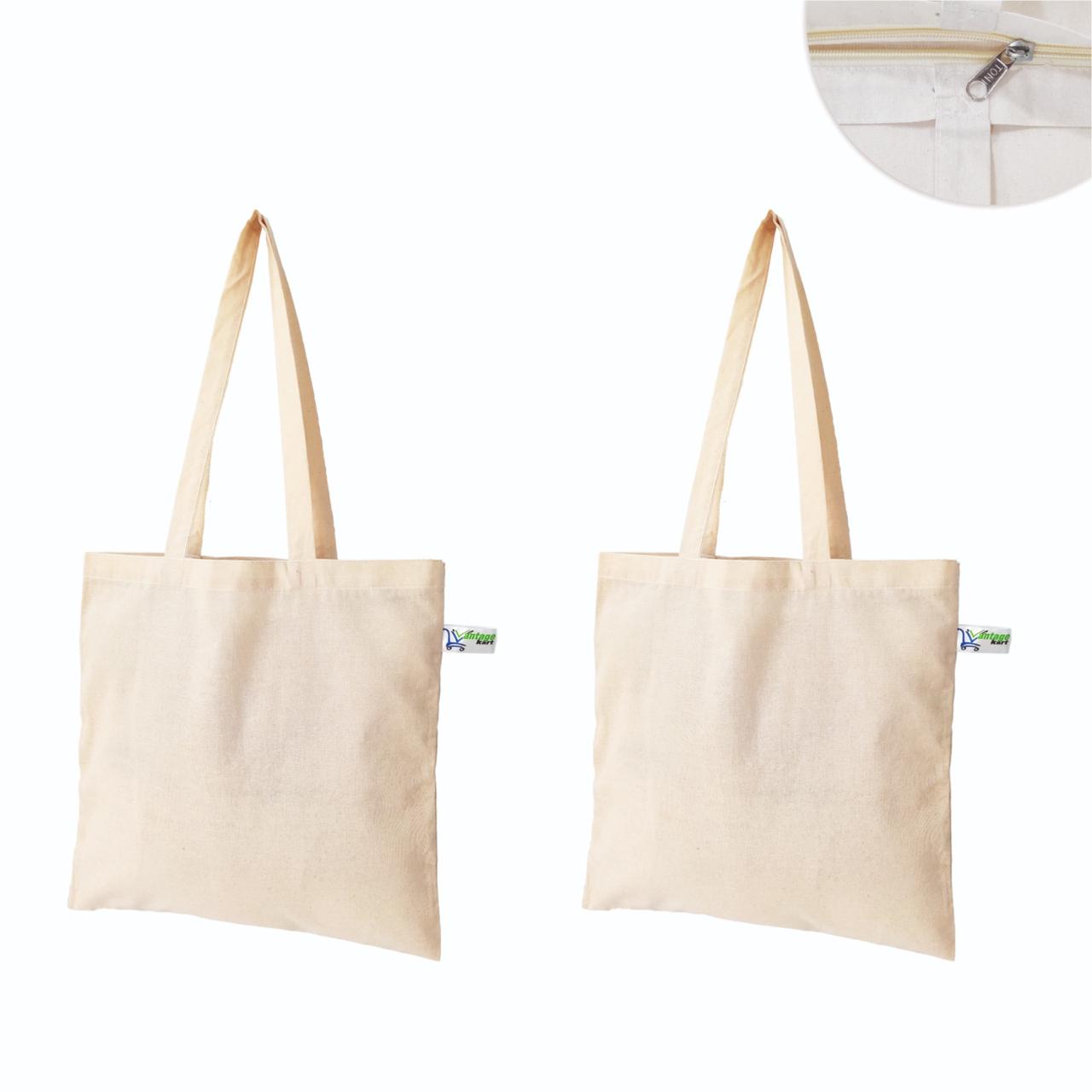 Buy Online Vantagekart 5oz Beige Cotton Tote Bags with Zip, Strong 13 ...